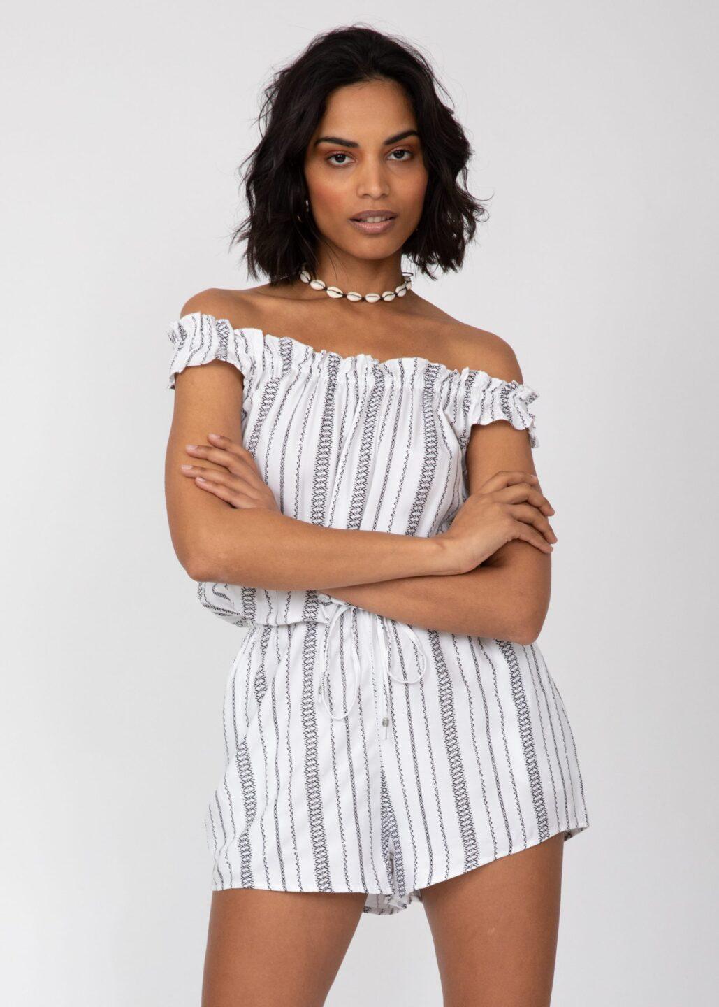 Off Shoulder Bardot Playsuit in White Stripes -Made from Reclaimed Fabric