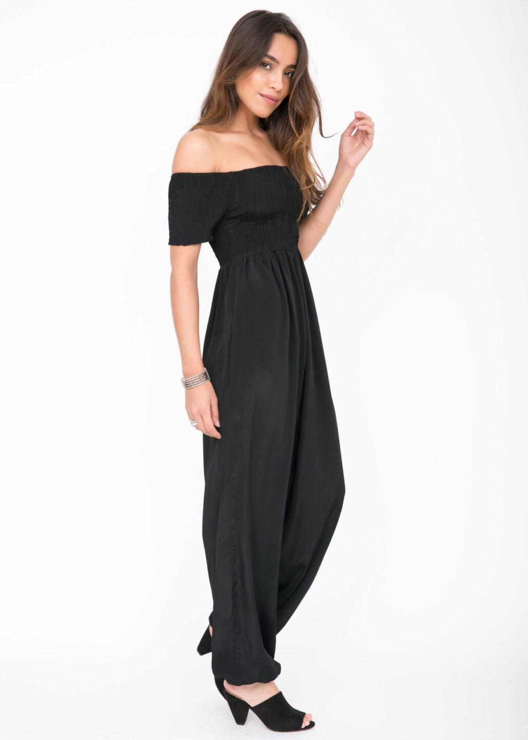 Silk Look Off Shoulder Harem Jumpsuit Black - likemary